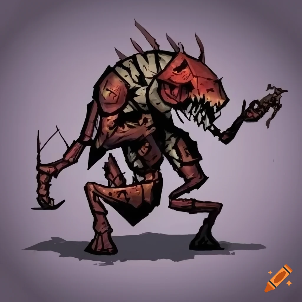 Bipedal ant inspired by tyranids in the style of darkest dungeon, side ...