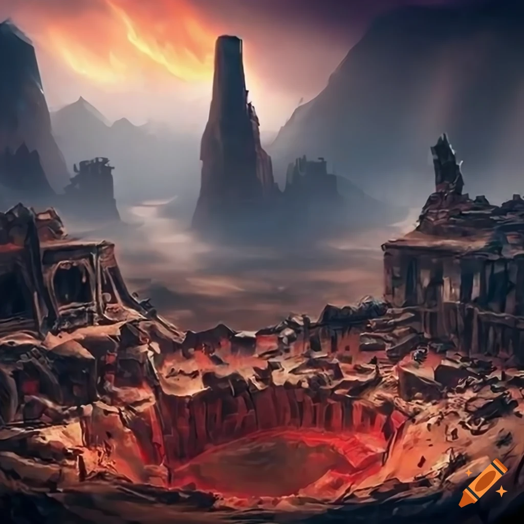 Fantasy post-apocalyptic gladiator arena landscape with magic red ...
