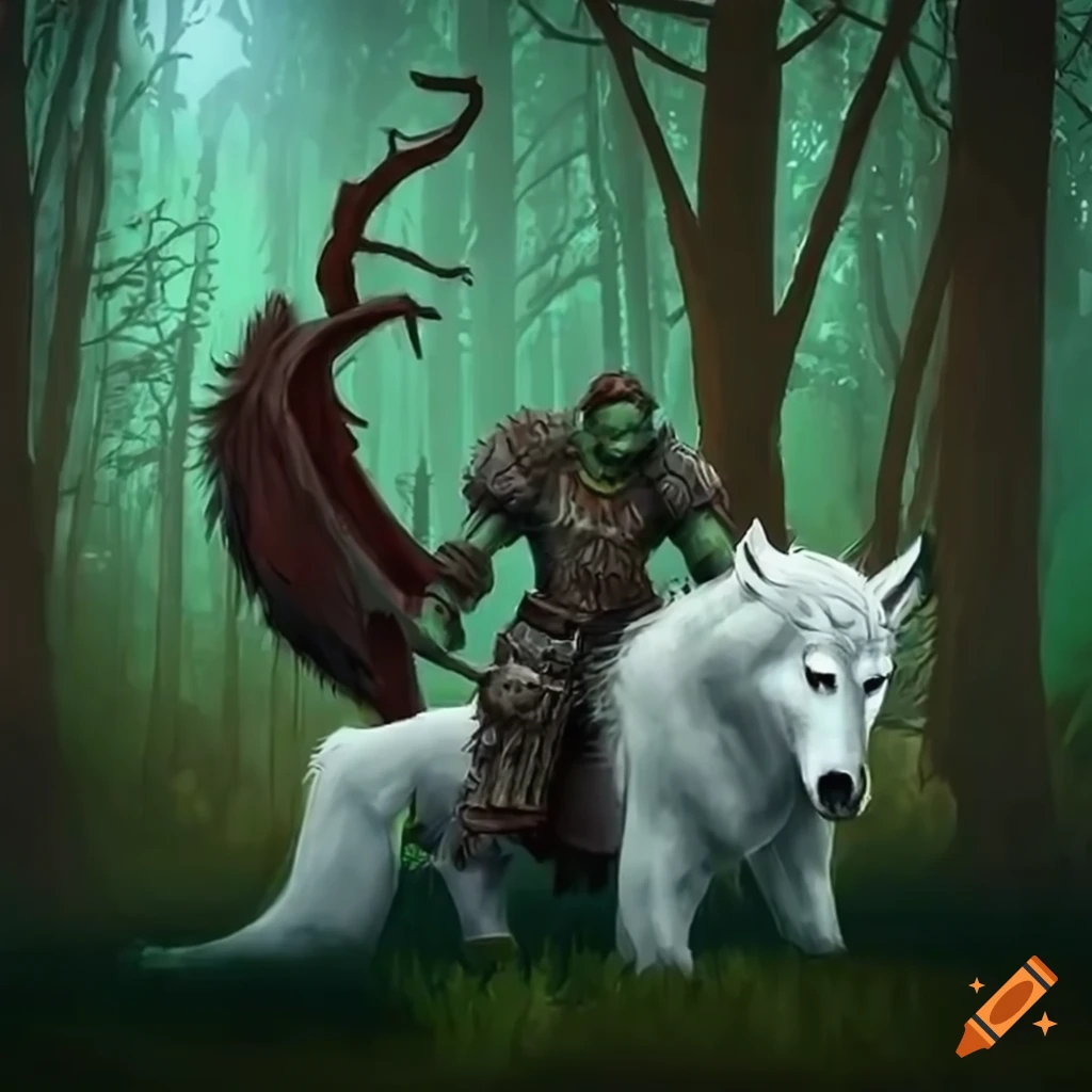 Orc hunter on horseback with white wolf in the forest on Craiyon