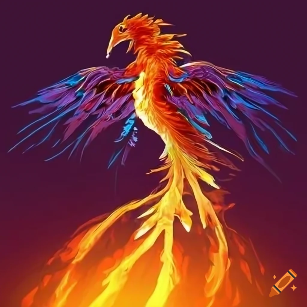 Stylized phoenix rising from flames in a steam avatar on Craiyon