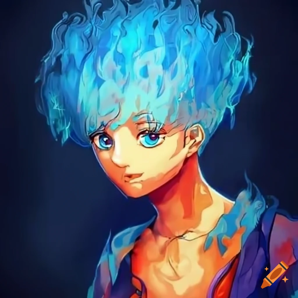 Cartoon character surrounded by blue fire on Craiyon