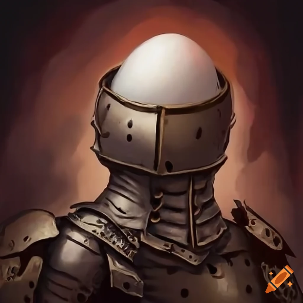 Quirky happy faced egg in steel plate armor on Craiyon
