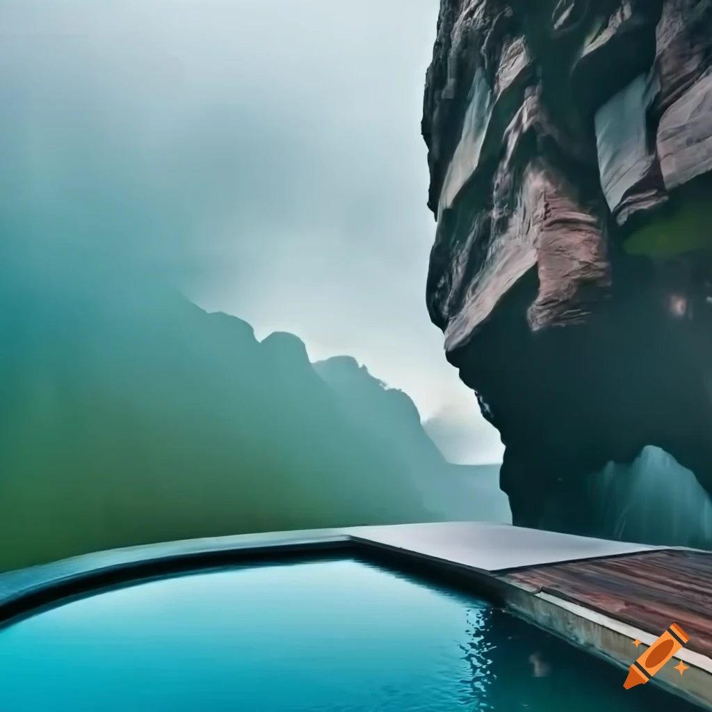 Modern glass house on cliff overlooking river canyon with edgeless pool ...
