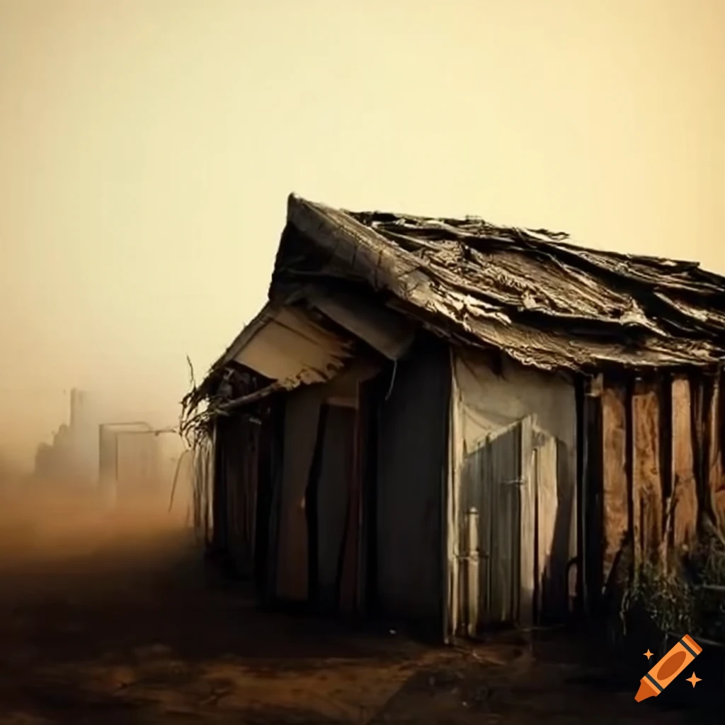 Shanty house in the slums during the day in a dusty field on Craiyon