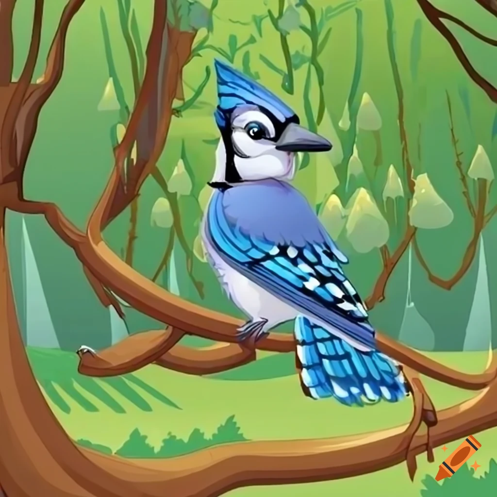 Blue jay in a forest cartoon on Craiyon
