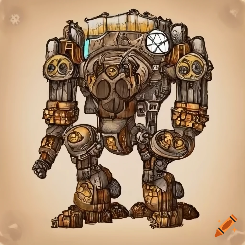 Steampunk mech in front of medieval castle on Craiyon