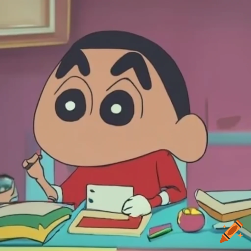 Shinchan crying while doing homework on Craiyon