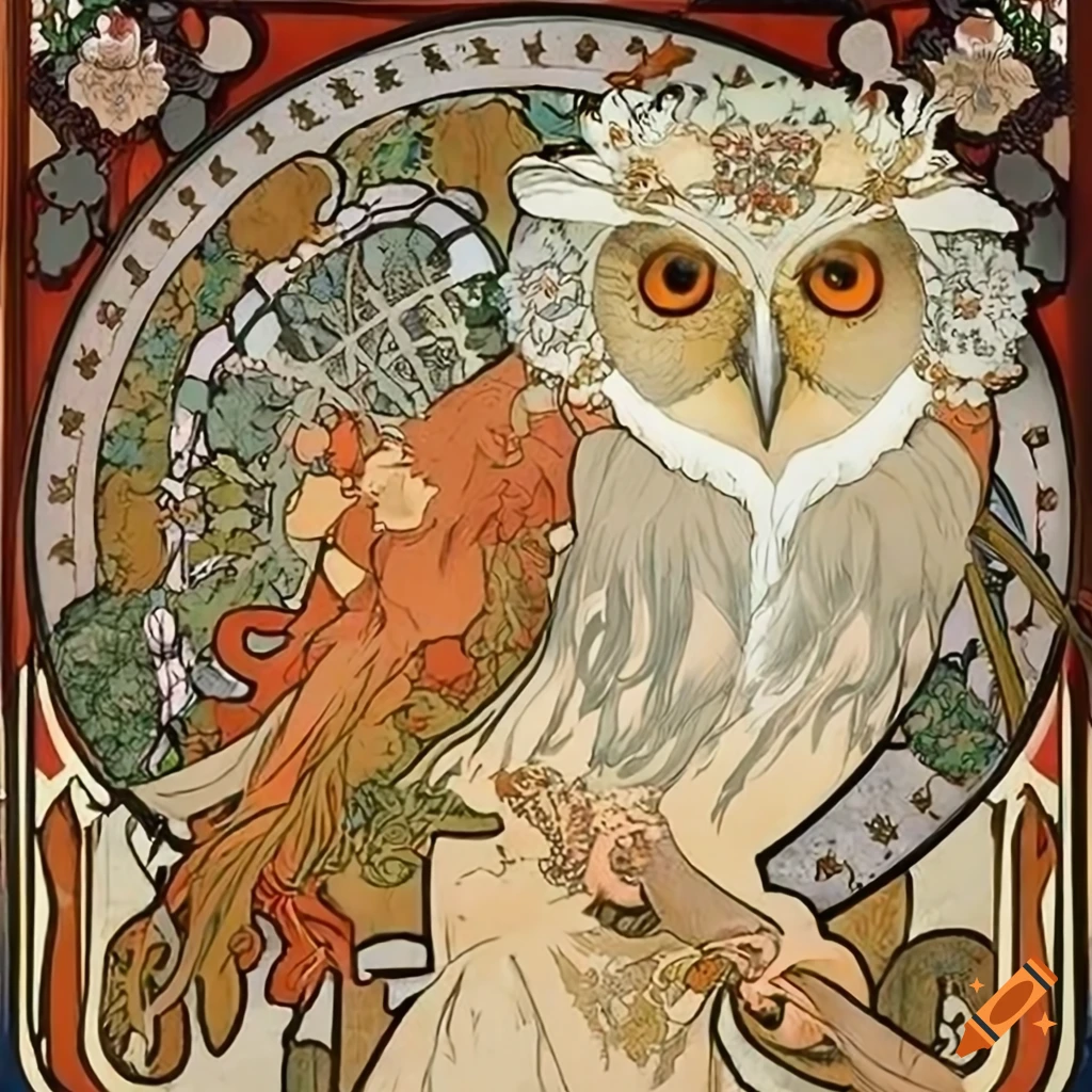 Enchanting owl artwork by alphonse mucha on Craiyon