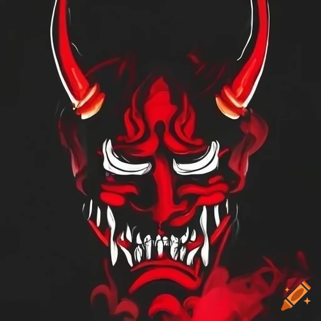 Neon oni epic mask with red glowing smoke in a pop art style on Craiyon