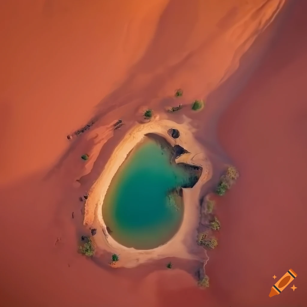 Top down view of a lake village with red sand surroundings on Craiyon