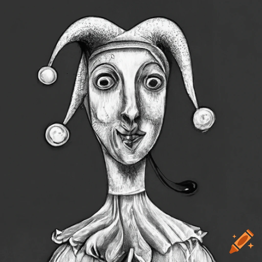 Medieval high contrast ink drawing of a fool jester in the style of ...