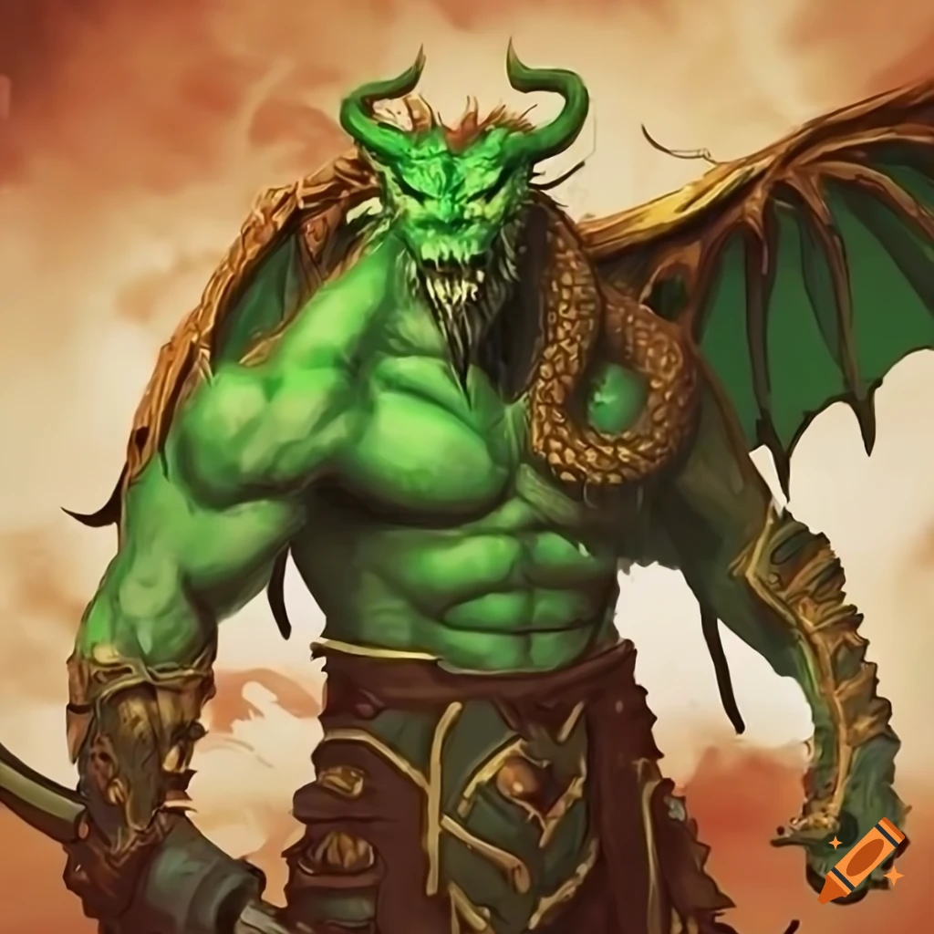 Two-headed green and gold dragon barbarian creature inspired by ...