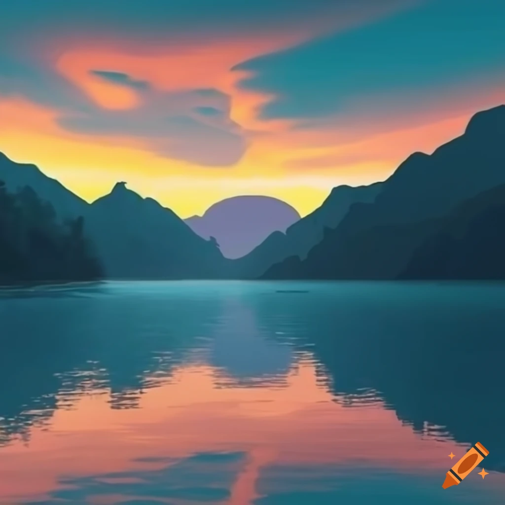 Mountain lake at sunset with sun's rays reflecting on the water, ultra ...