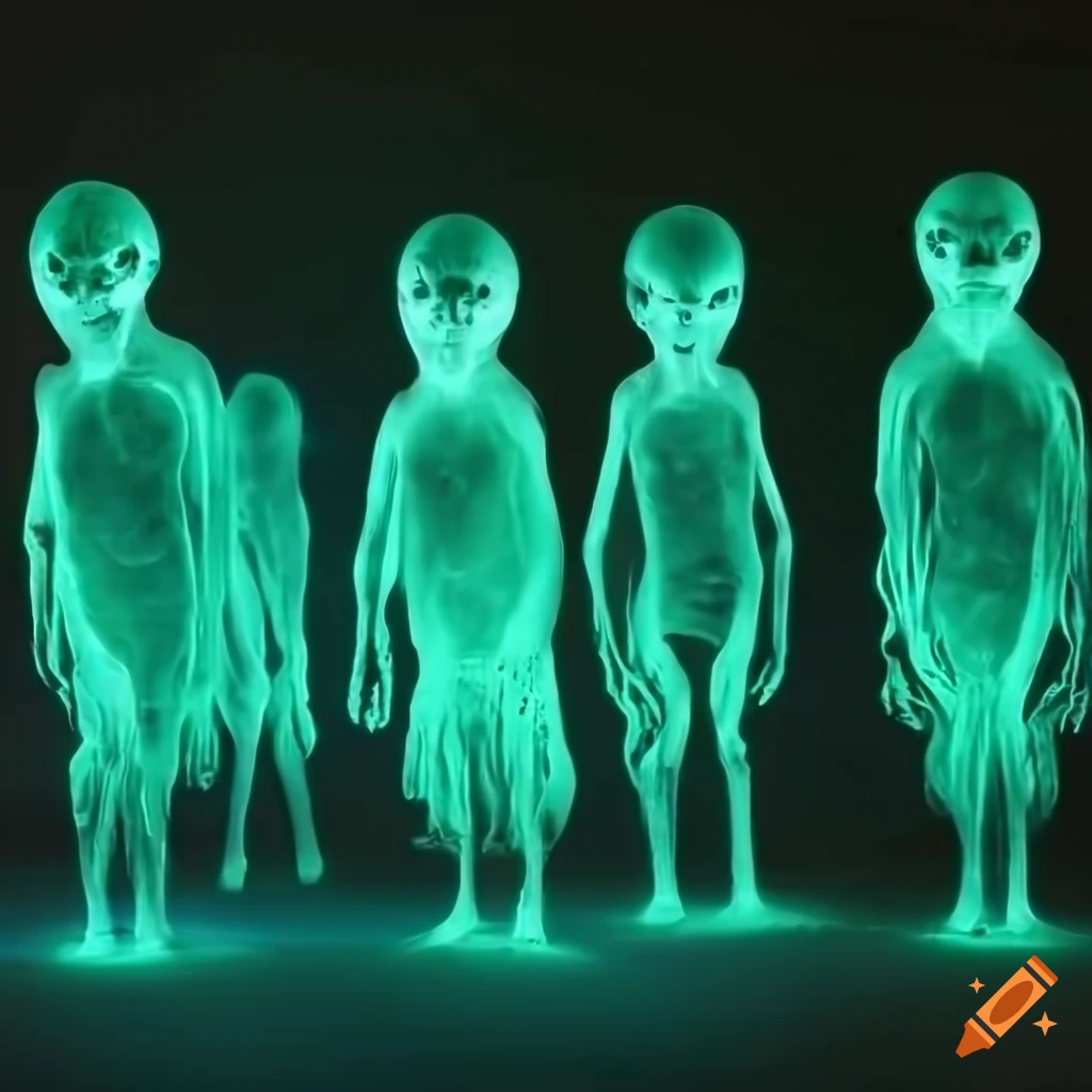 Group of glowing alien ghosts posing in a futuristic bar on Craiyon