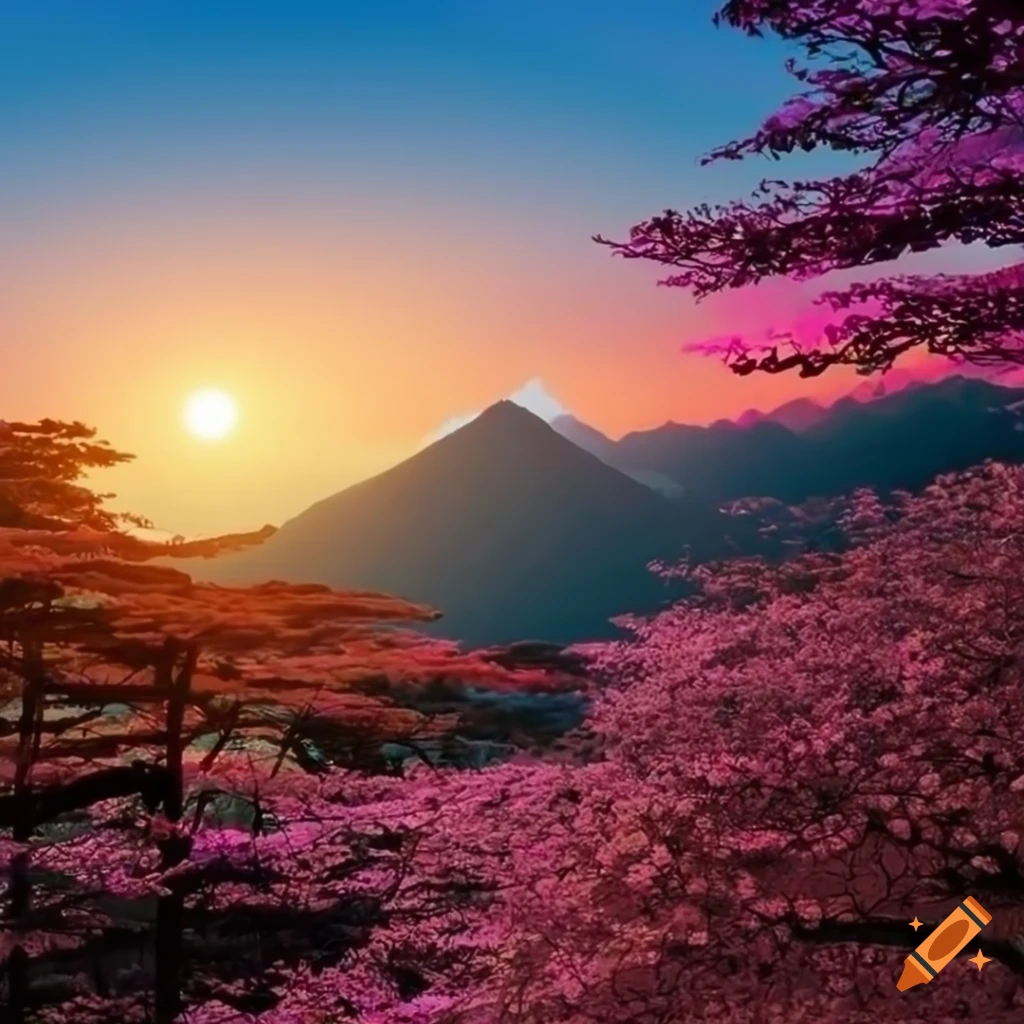Sunset in a Japanese flower forest with a mountain backdrop on Craiyon