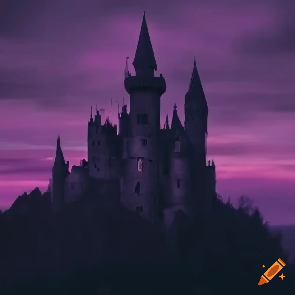 Dark european goth castle landscape with purple sky on Craiyon