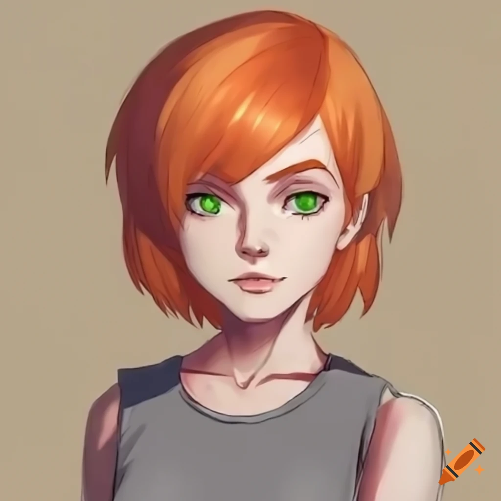 Anime-style Gwen Tennyson with orange pixie cut hair laying in bed on ...