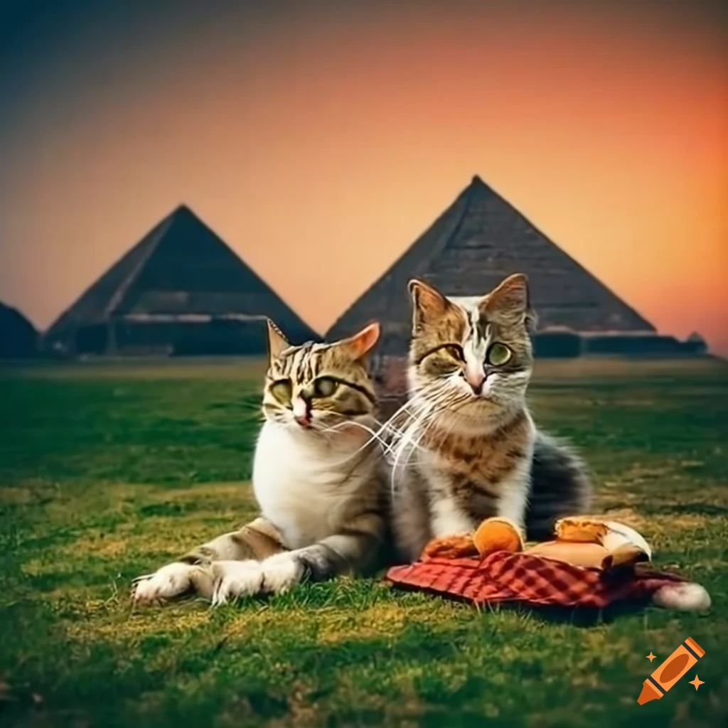 Elegant cats enjoying a picnic near the Great Pyramids on Craiyon