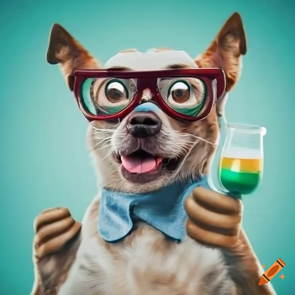 Nerdy dog conducting science experiments inside a camper van on Craiyon