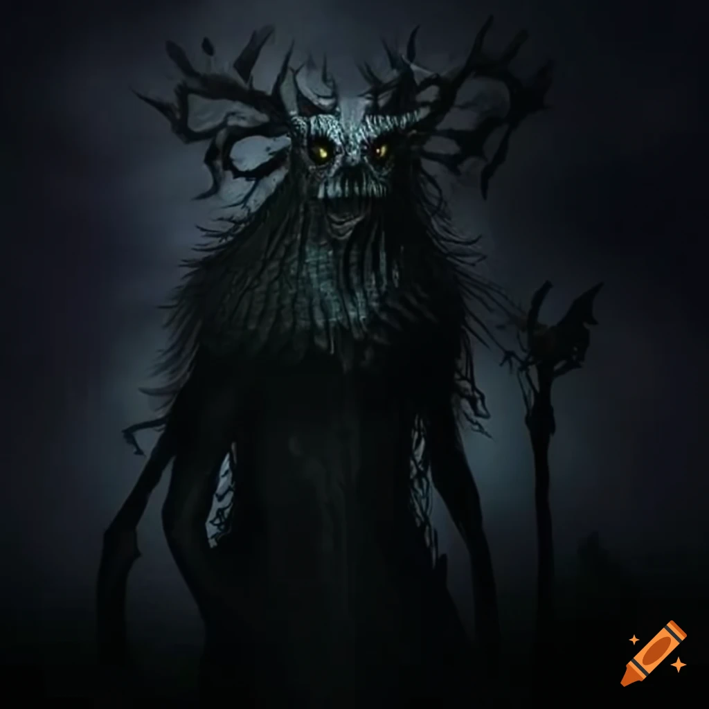 Dark mythical creature with glowing eyes in a black forest on Craiyon