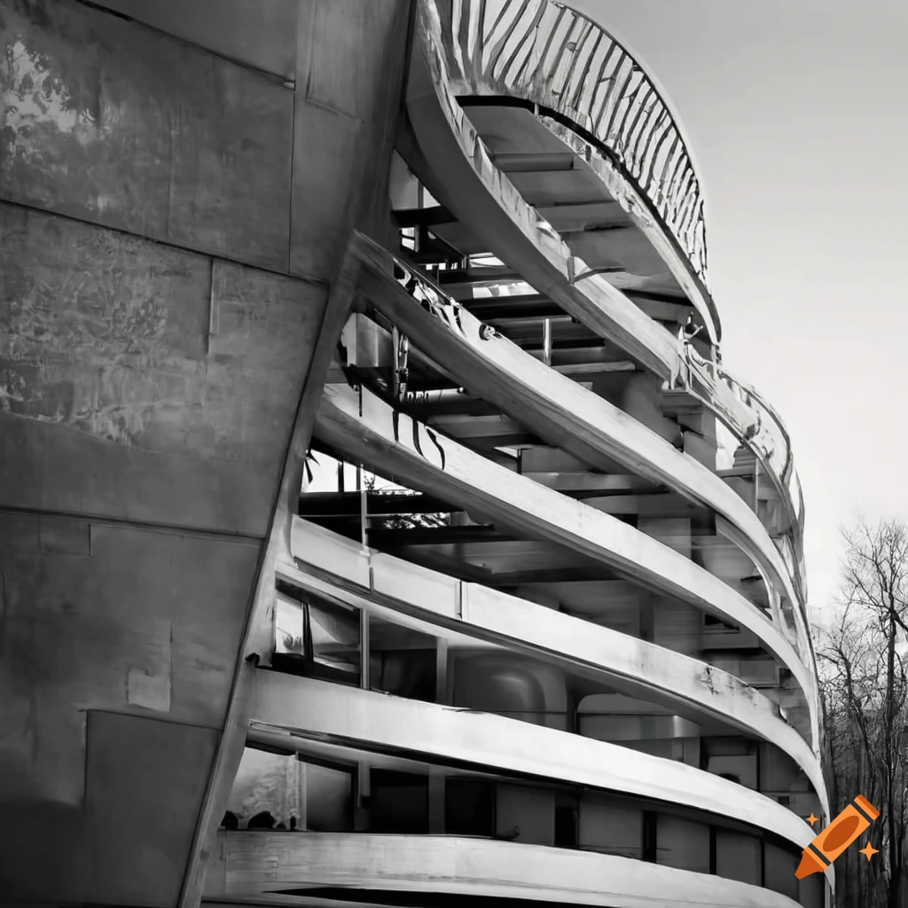 Modern gray building with raised porch, elevators, and spiral ...