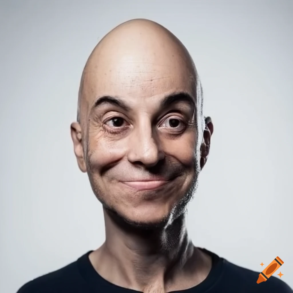 Man with an egg-shaped head smiling on light gray background on Craiyon