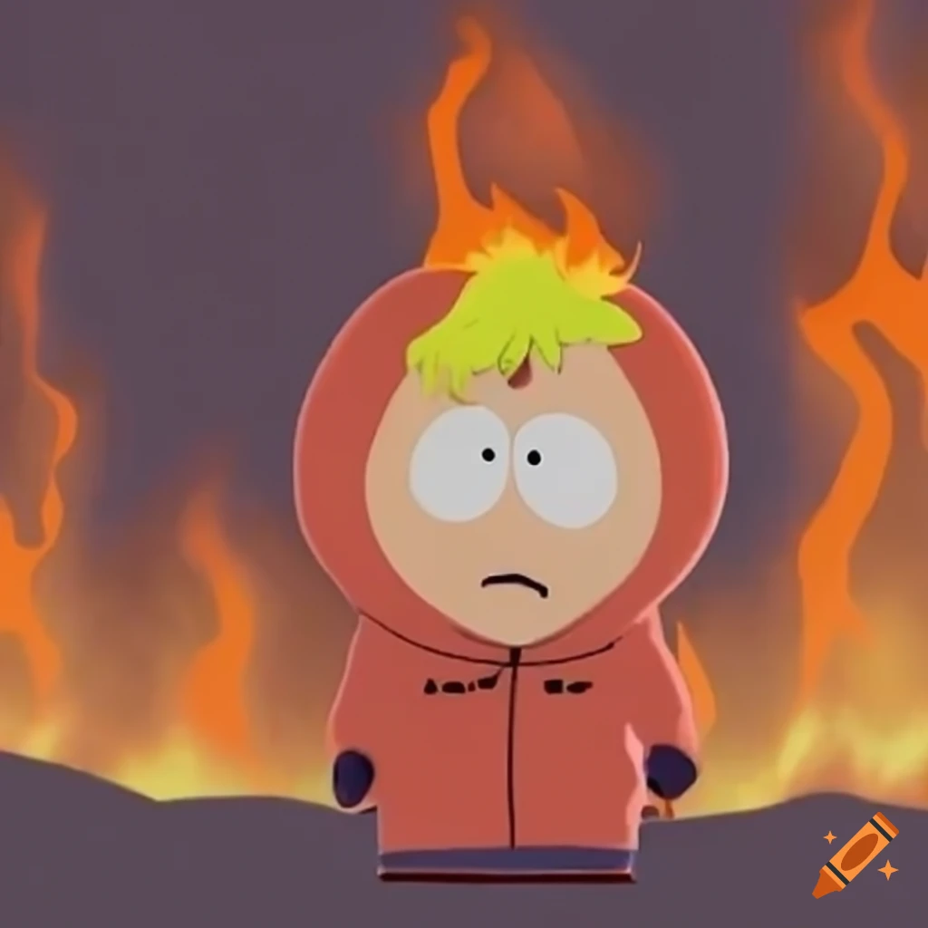 Kenny in flames in south park on Craiyon