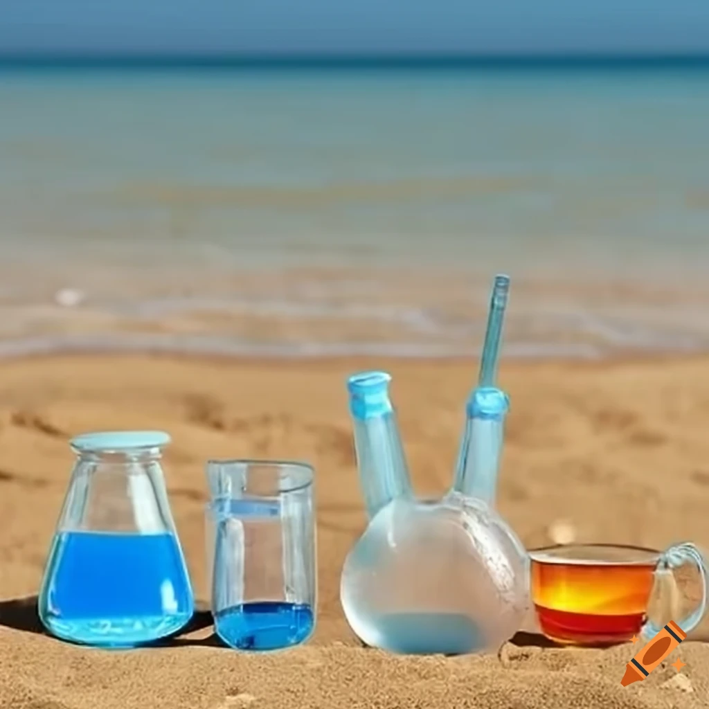 Laboratory items arranged on a beach with beakers, bottles, and vials ...