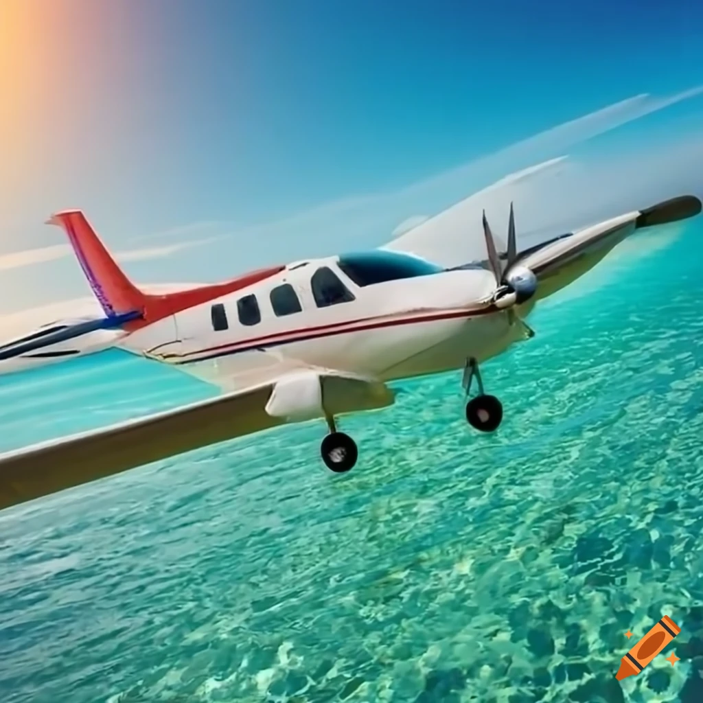Small airplane flying towards a tropical destination on Craiyon