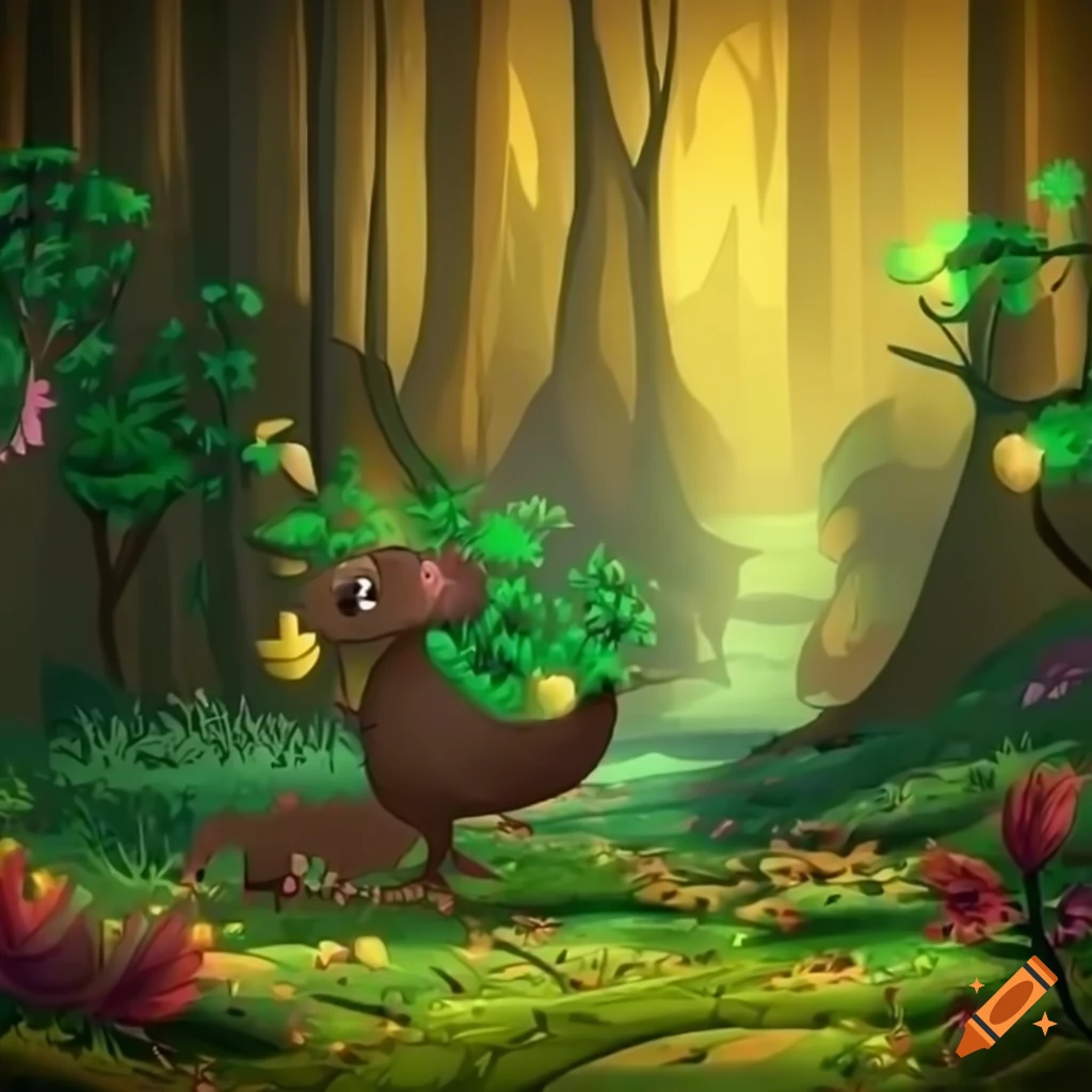 Surreal and whimsical animal cartoon in a strange forest with pond and ...