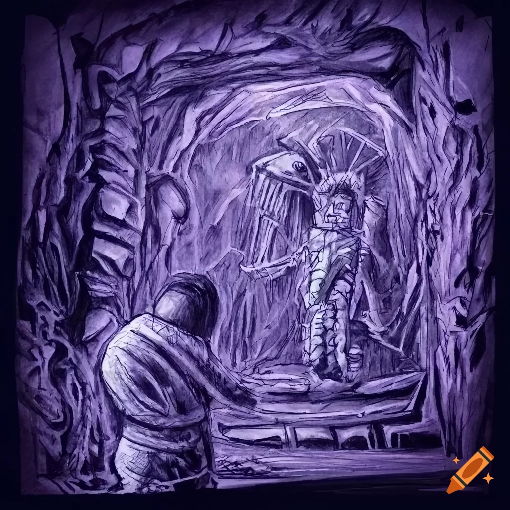 Adventurer entering ancient cave guarded by mystical creature in dark ...