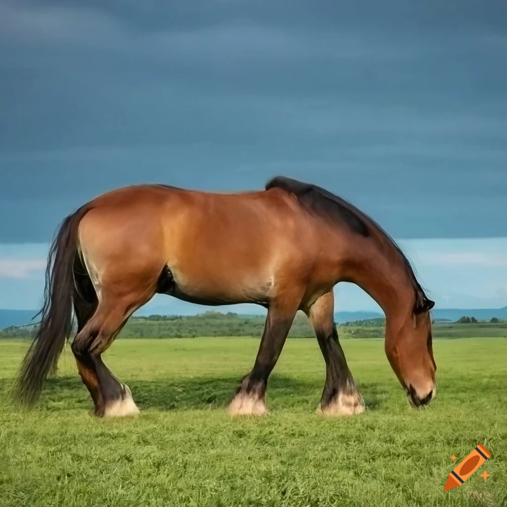 View of massive belgium draft horse from the rear in a green landscape ...