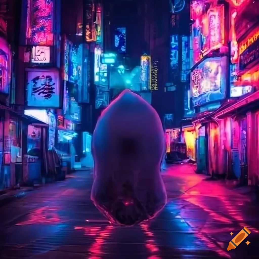 Fluorescent glowing alien ghost drinking liquid in a cyberpunk city on Craiyon