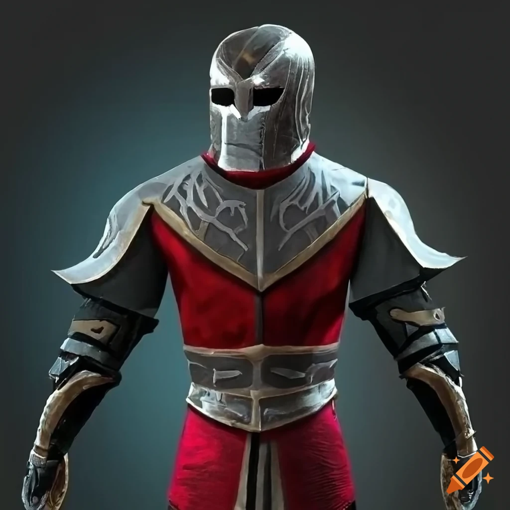 Mage in metallic gray doublet and scarlet cape with a helm mask on Craiyon