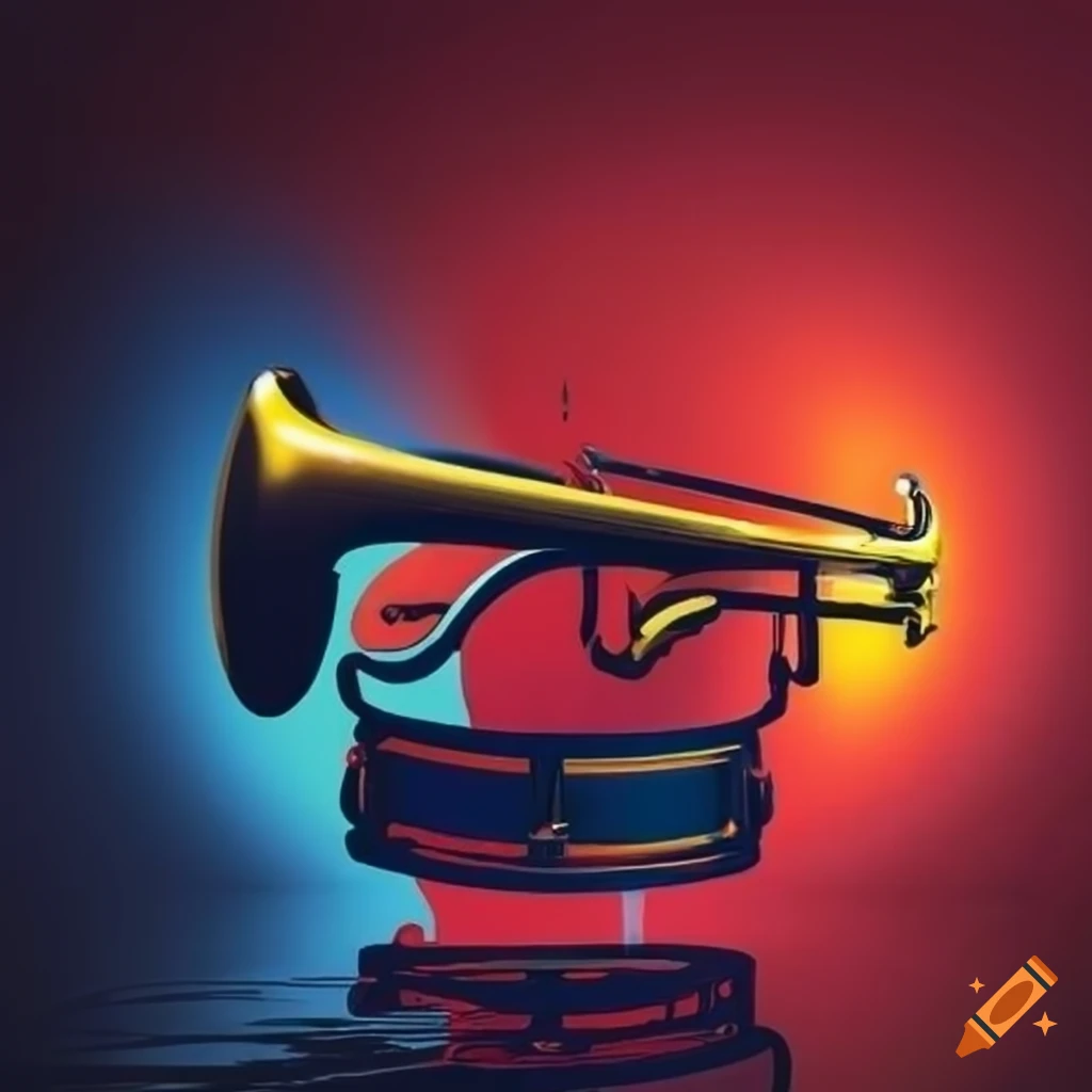 Drum and trumpet lesson poster in red, blue, and orange colors on Craiyon
