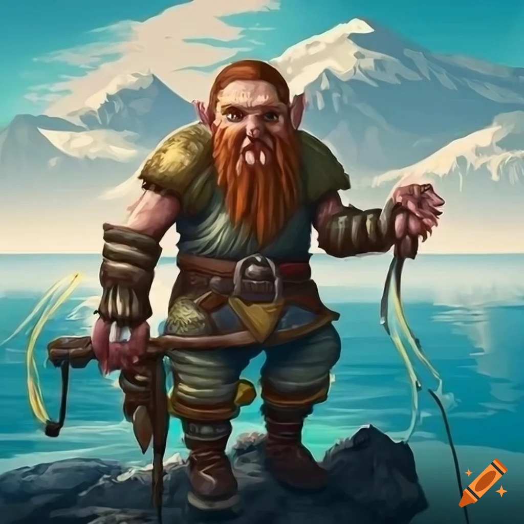 Realistic dwarf fishing with mountains and lake in the background in ...