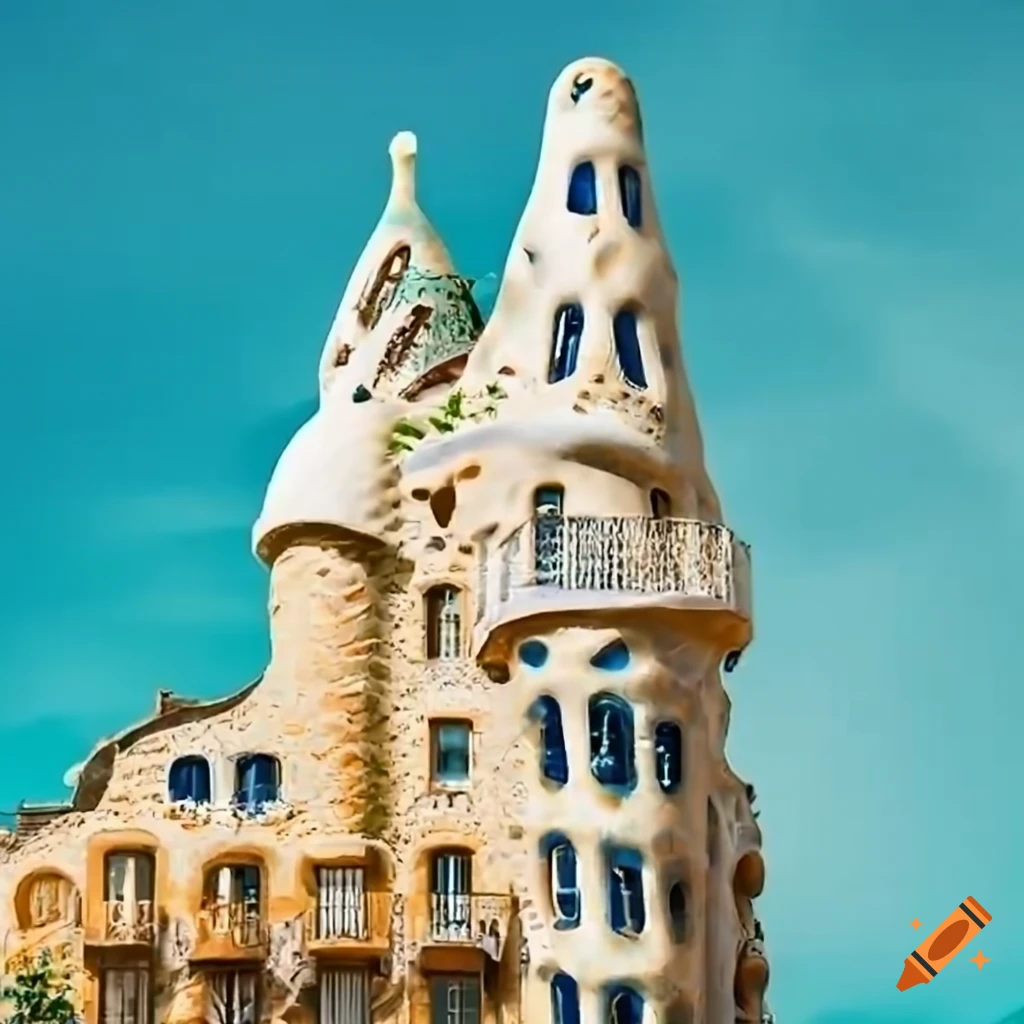 Gaudi-inspired building on mountain terrain on a sunny day with people ...