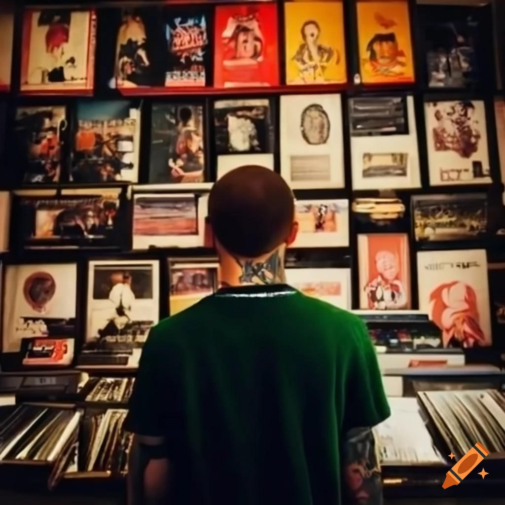 Mac Miller exploring vinyl records in a vintage record store on Craiyon