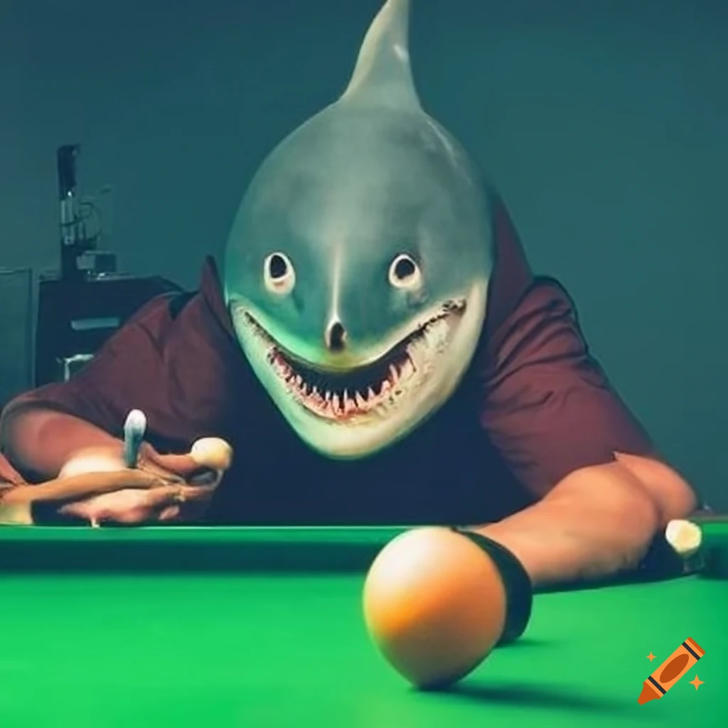 Man in a shark head playing 8ball pool on cleethorpes seafront on Craiyon