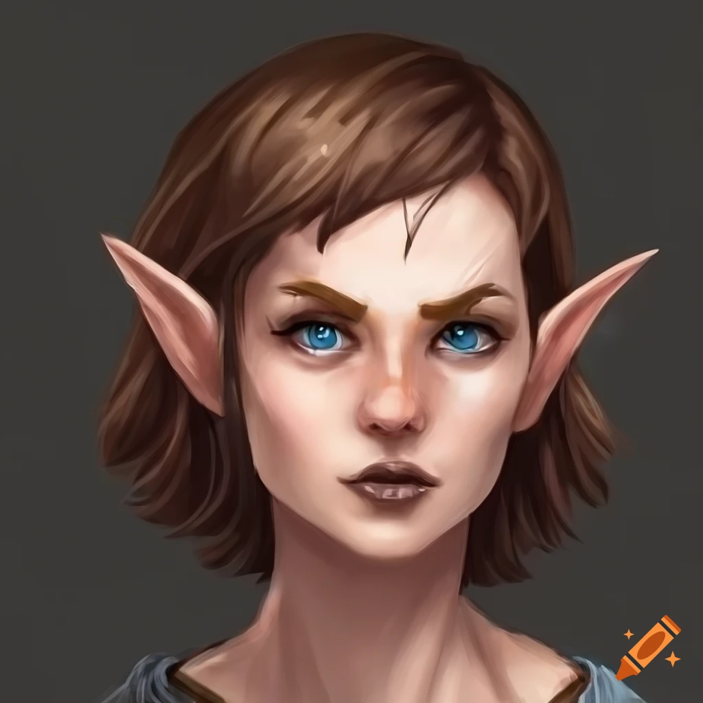 Portrait of a young half-elf cleric with short brown hair and blue eyes ...