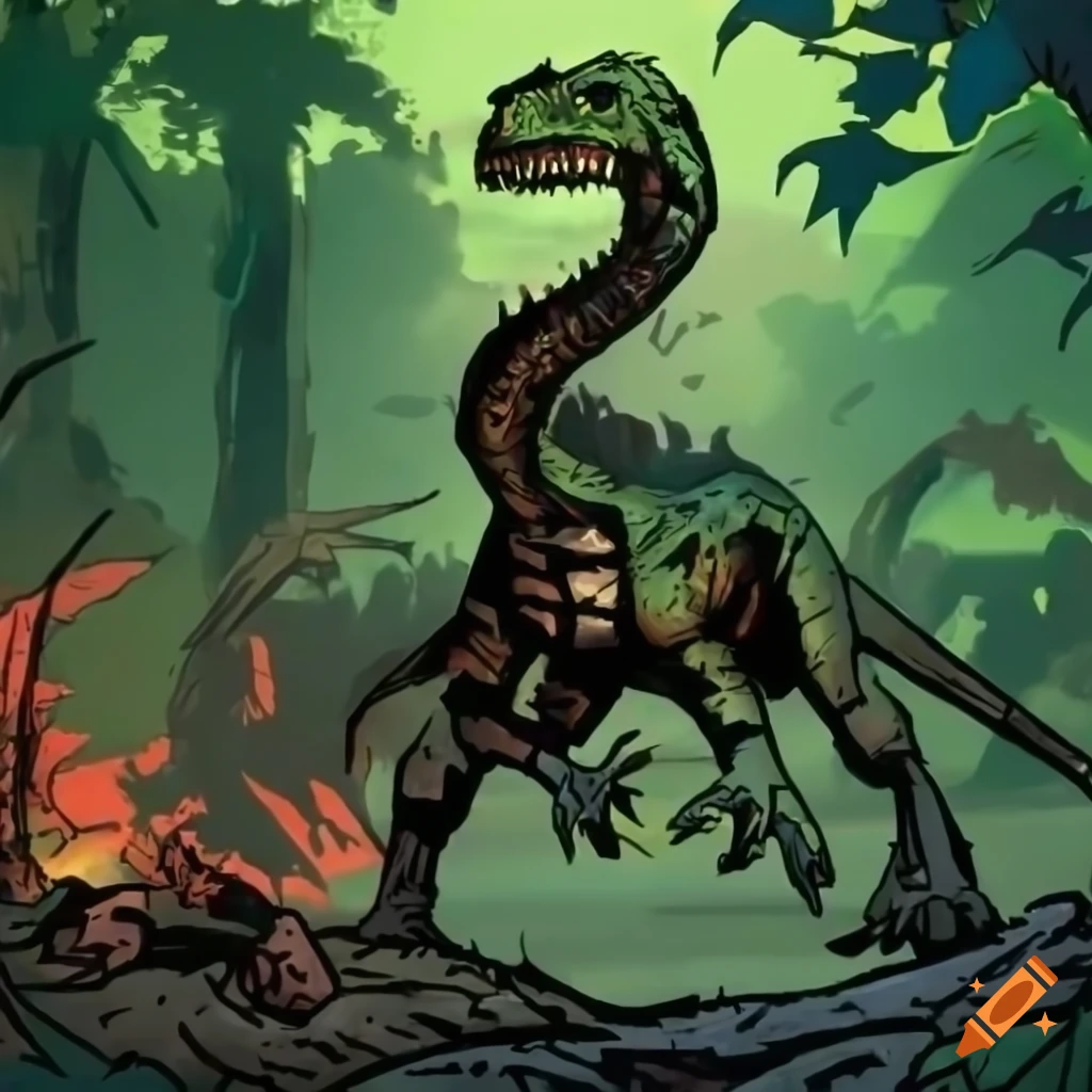 Angry dinosaur raptor in a jungle in the style of Darkest Dungeon on ...
