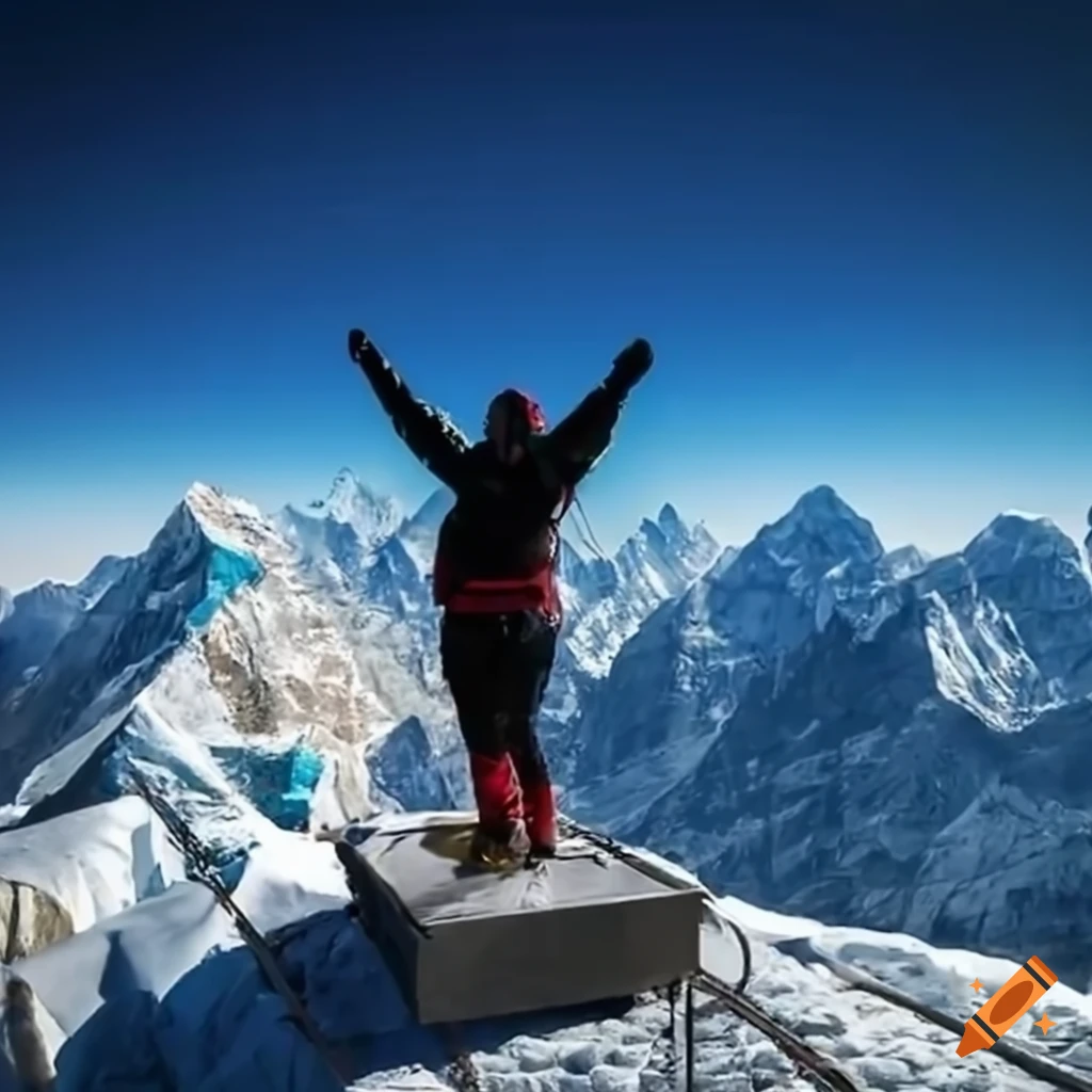Person on a weighing scale at the summit of mount everest on Craiyon