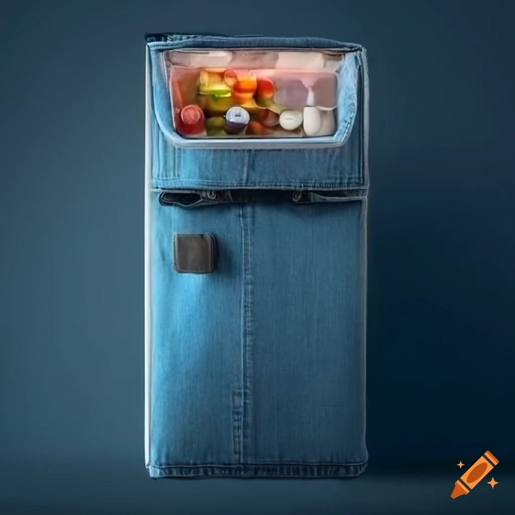 Refrigerator in a stylish denim jacket on Craiyon