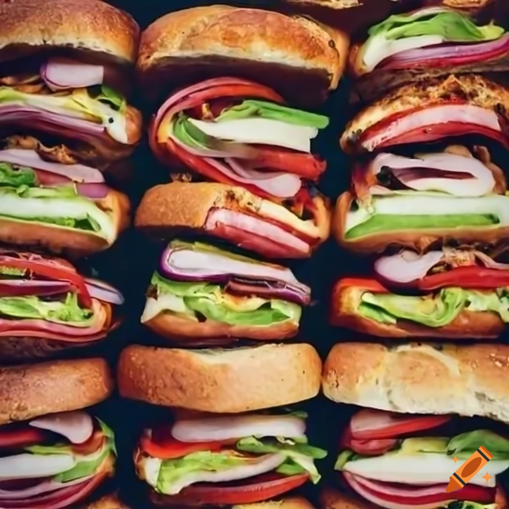 Tall towers of delicious sub sandwiches filling the image on Craiyon