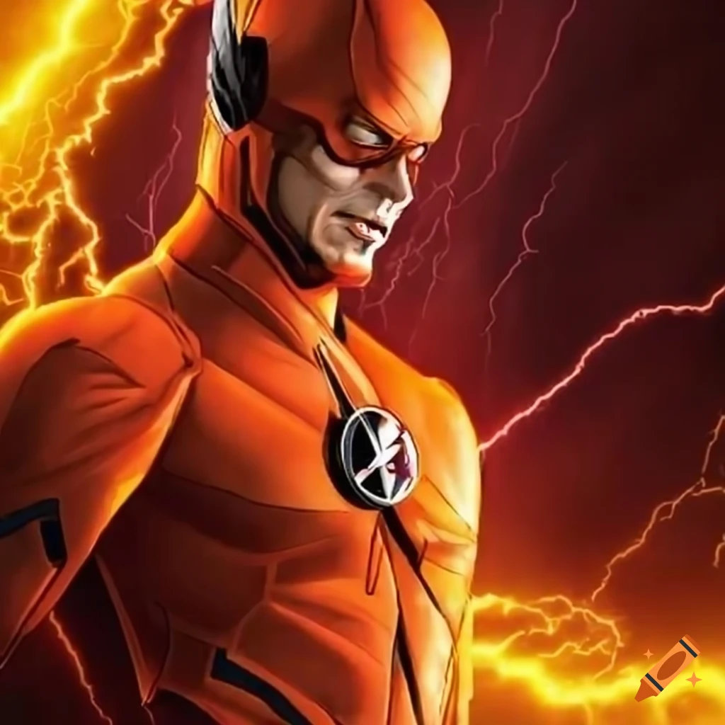Speedster similar to reverse flash in orange suit with lightning on Craiyon