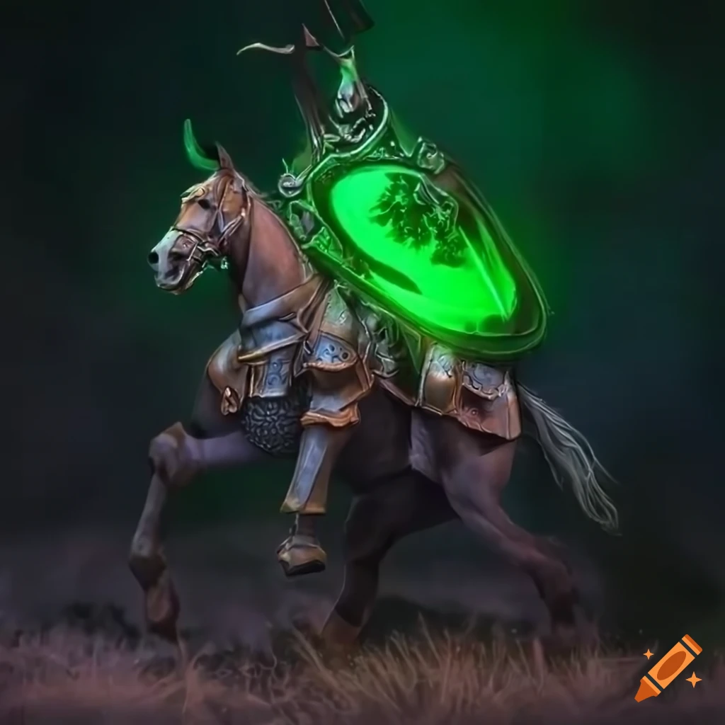 Paladin with shield and glowing sword mounted on war horse on Craiyon