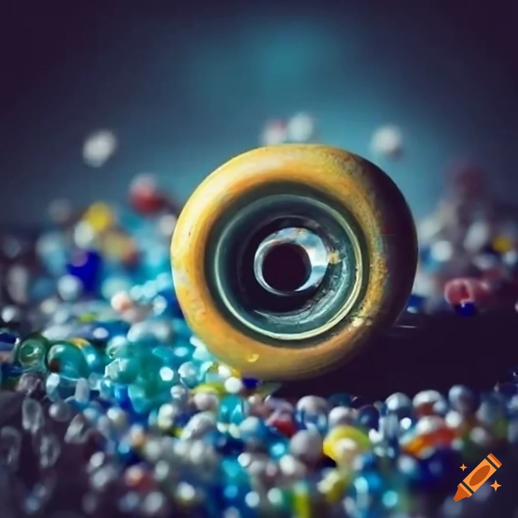 Skateboard wheel surrounded by glass beads on Craiyon