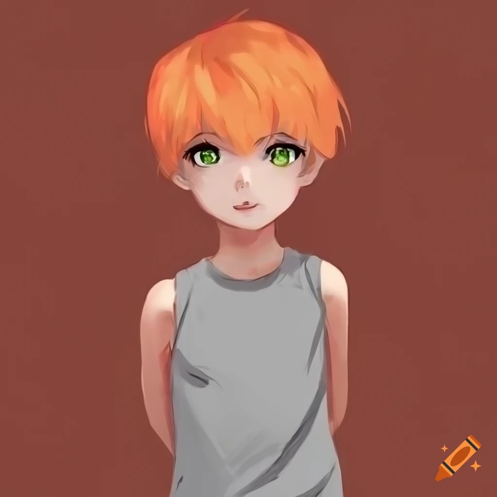 Anime girl with orange pixie cut hair and green eyes in a gray ...