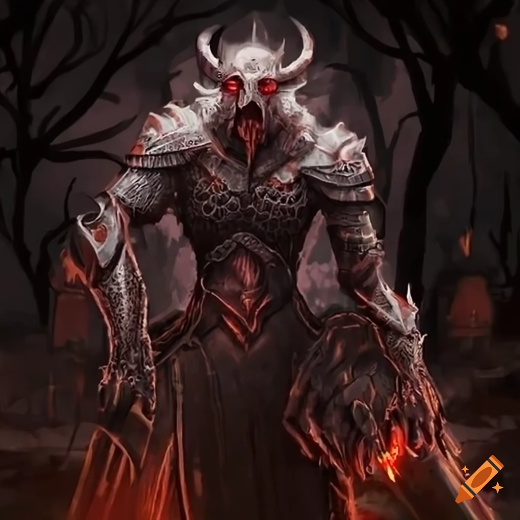 Fantasy knight in demonic armor battling a ghost in a graveyard on Craiyon