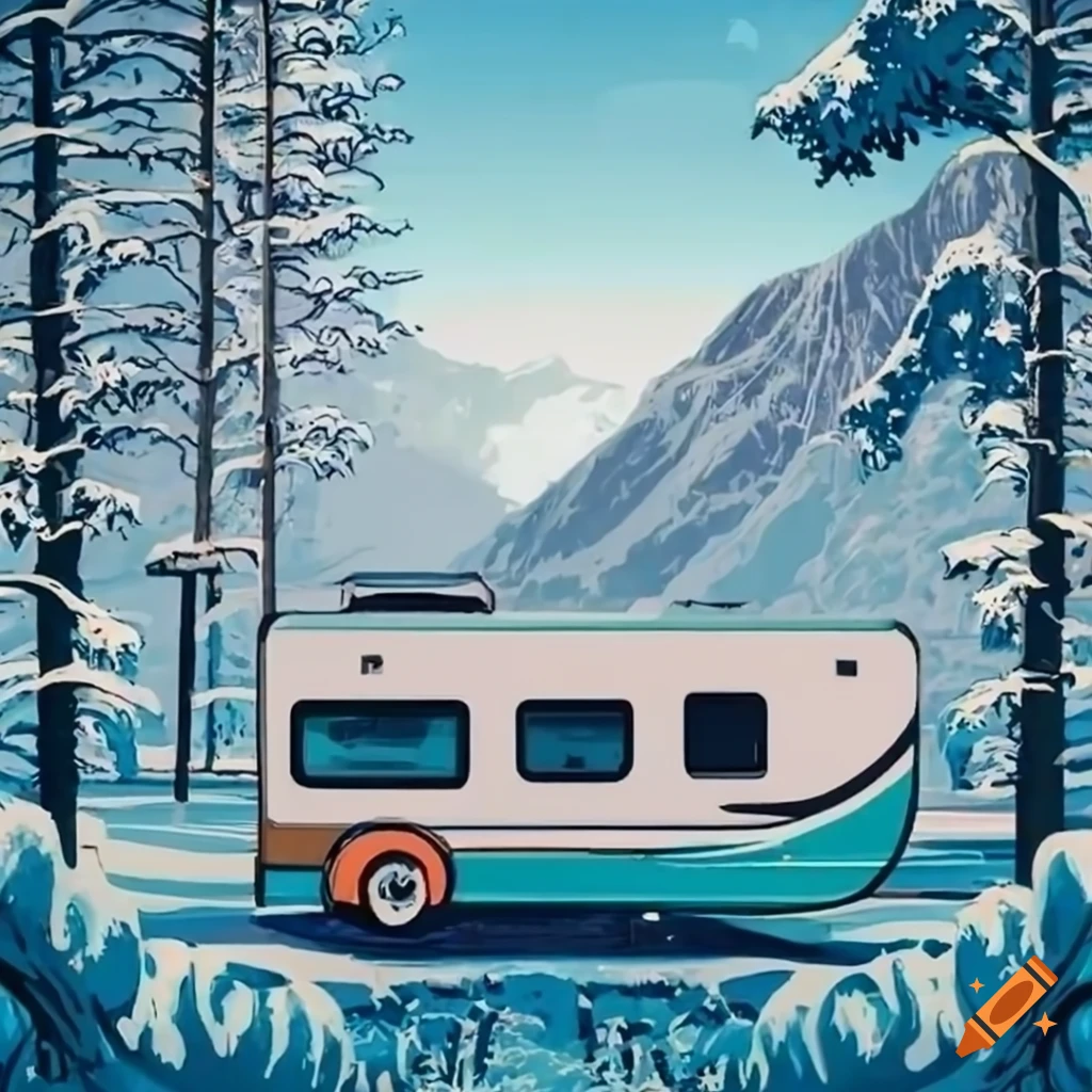 Rv in snowy forest inspired by the great wave artwork on Craiyon